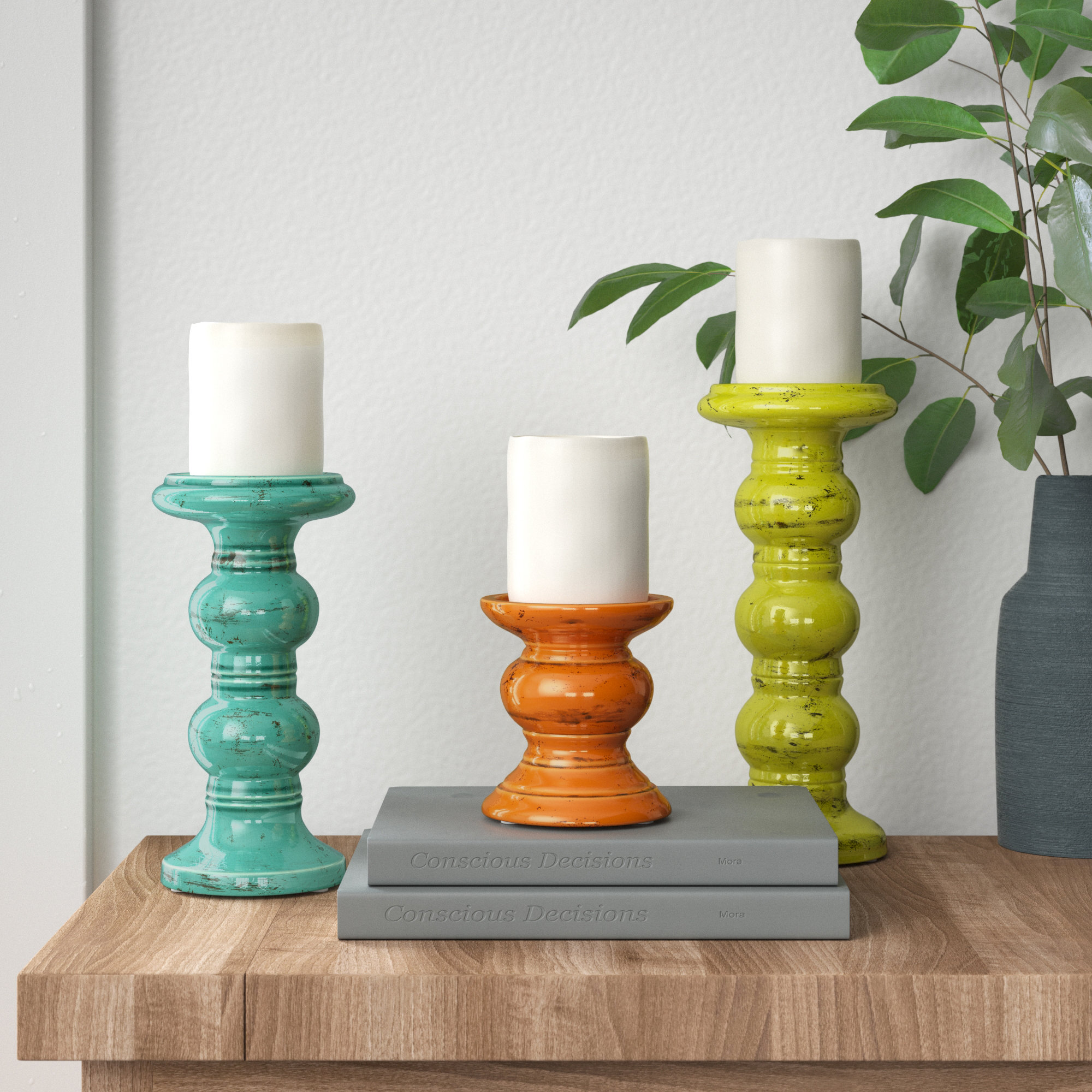 Mistana™ 3 Piece Pillar Flamless / LED Ceramic Candlestick Set ...