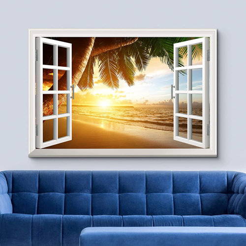 IDEA4WALL Window Scenery Sunrise On Caribbean Beach - Wrapped Canvas ...