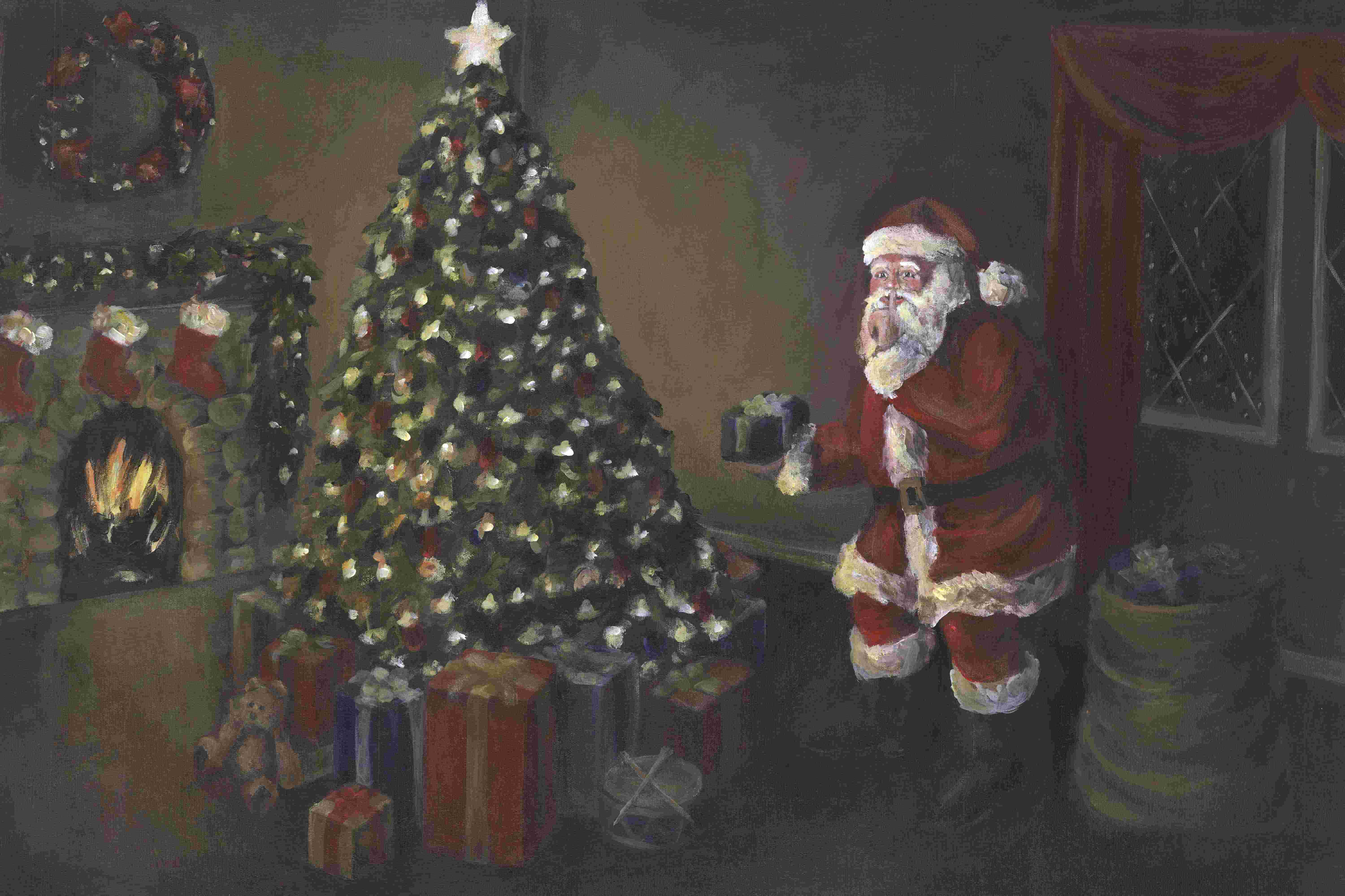 The Holiday Aisle® Sneaky Santa 2 - Wrapped Canvas Painting | Wayfair