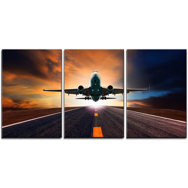IDEA4WALL Jet Plane Flying Over Runway At Sunset - 3 Piece Wrapped ...