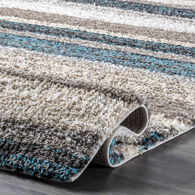 Langley Street City Striped Shag Tufted Performance Brown/Teal/Blue Rug ...