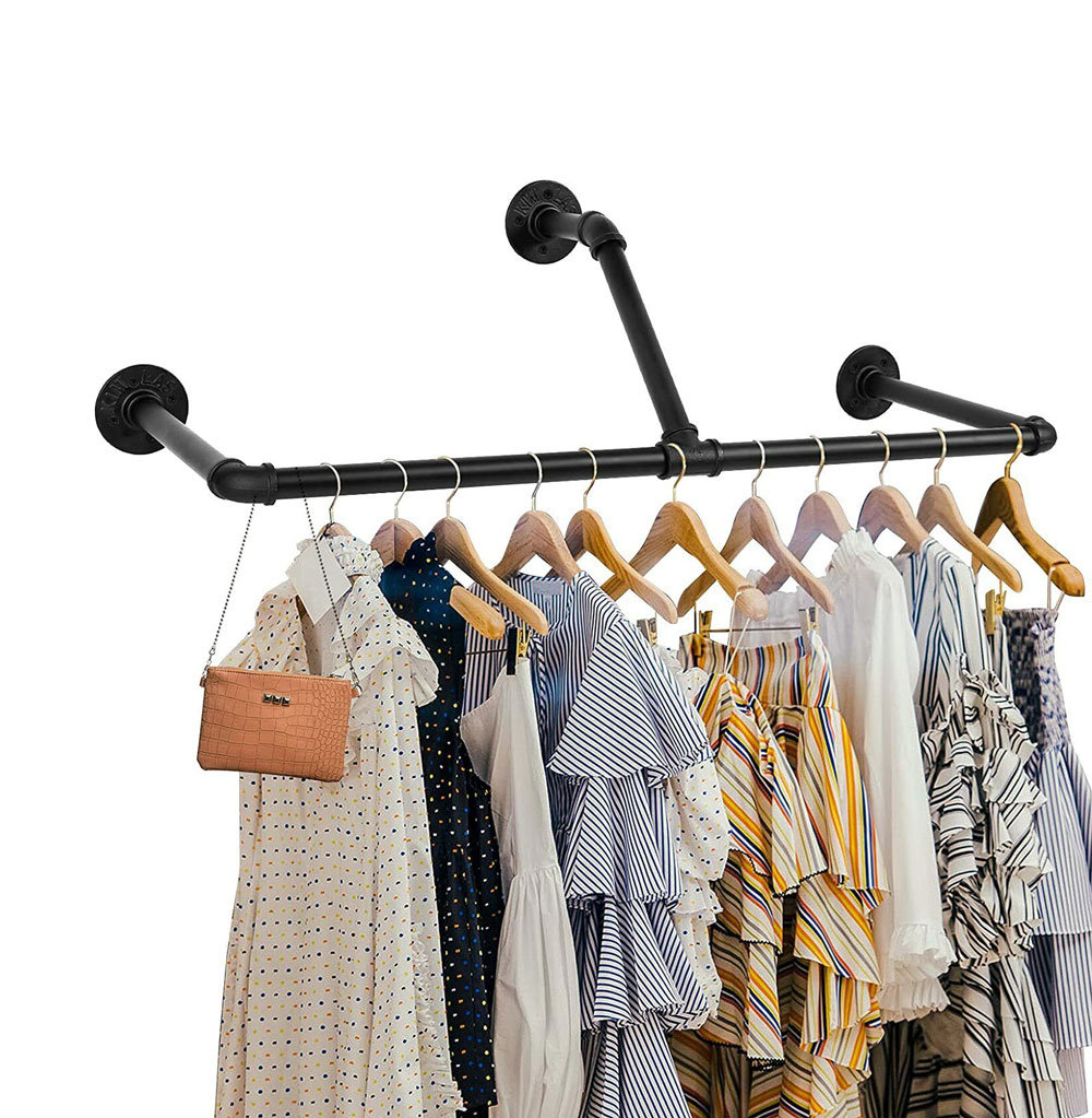 CELLPAK 33"W Wall Mounted Clothes Rack T-Bar Pipe Coat Hanger Black ...