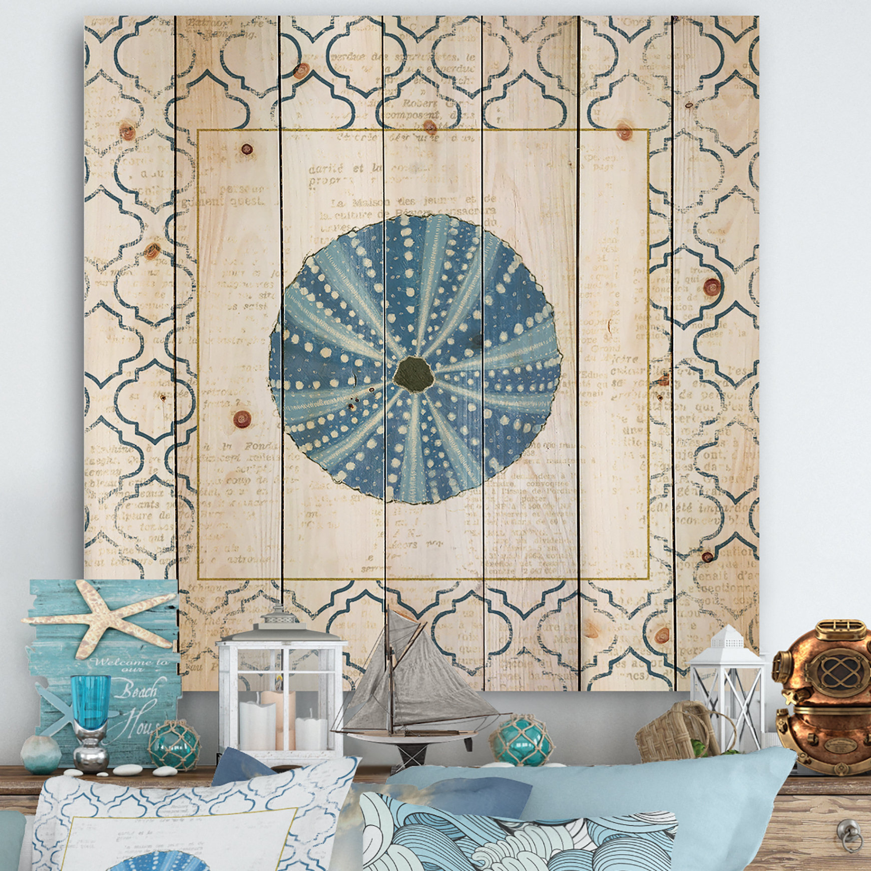 Bless international Blue Conch Shell On Blue Coastal Pattern - Nautical ...