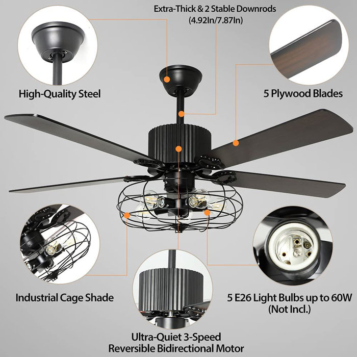 Williston Forge Datzer 52'' Industrial Ceiling Fan with Light Kit ...