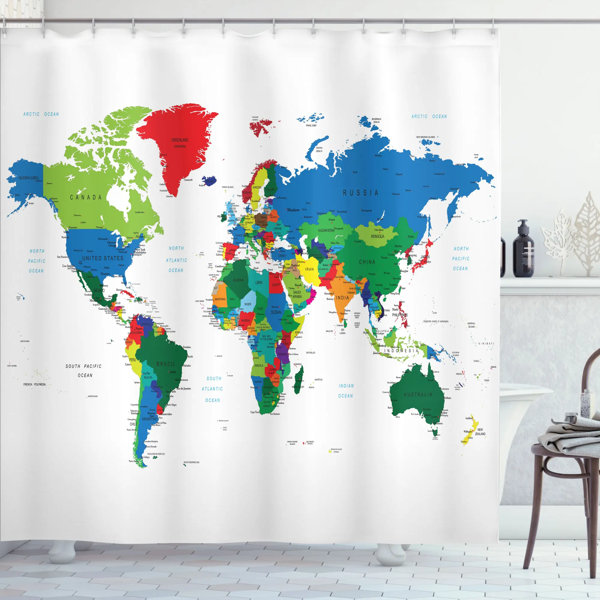 East Urban Home World Map Shower Curtain Set + Hooks | Wayfair
