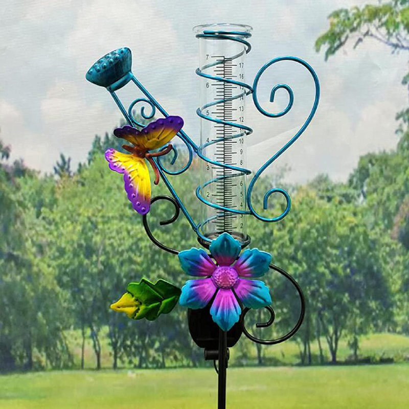 Arlmont & Co. Solar Powered Butterfly Rain Gauge, Rain Gauge Outdoor ...