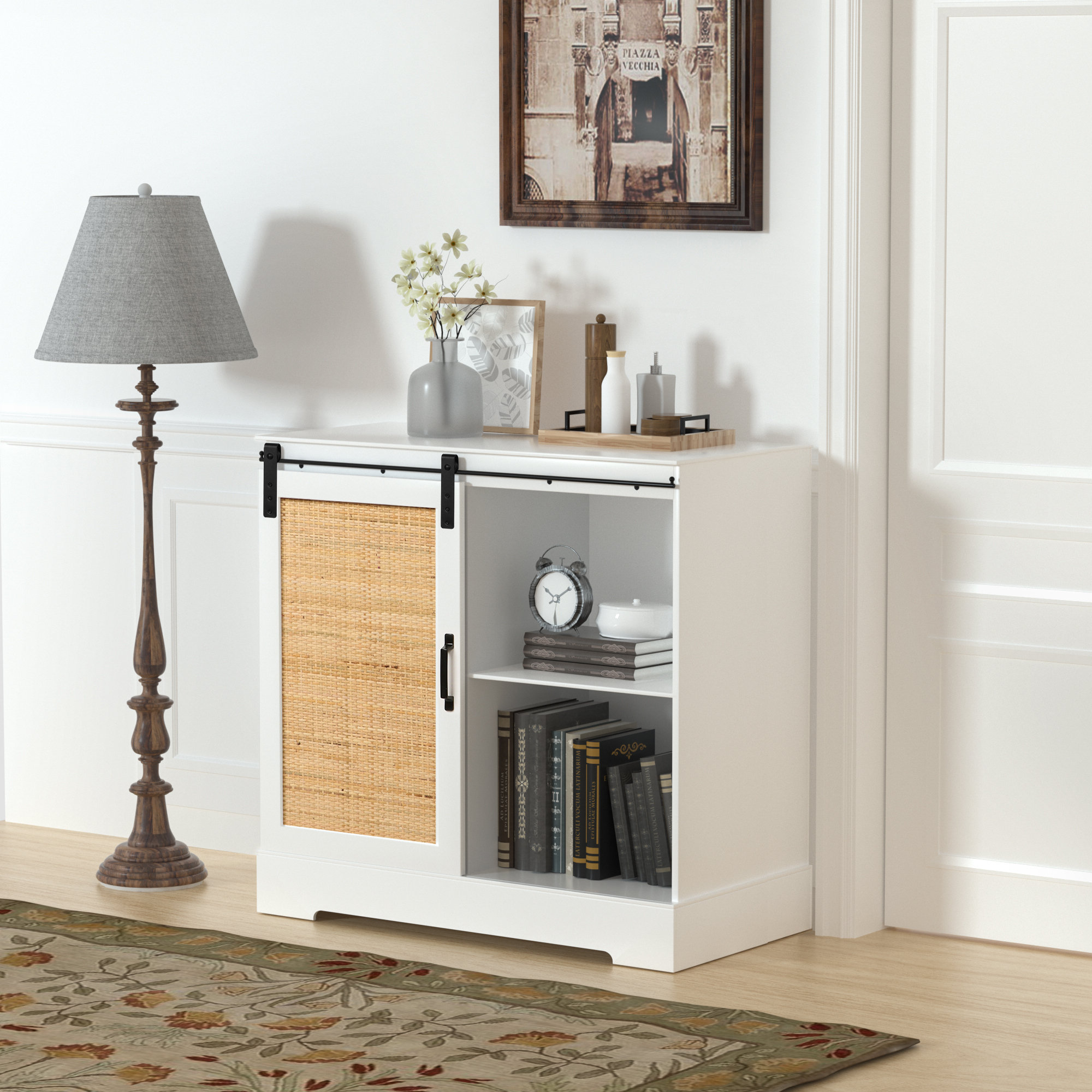 Gracie Oaks Nataria Farmhouse Rattan White Storage Cabinet Coffee Bar ...