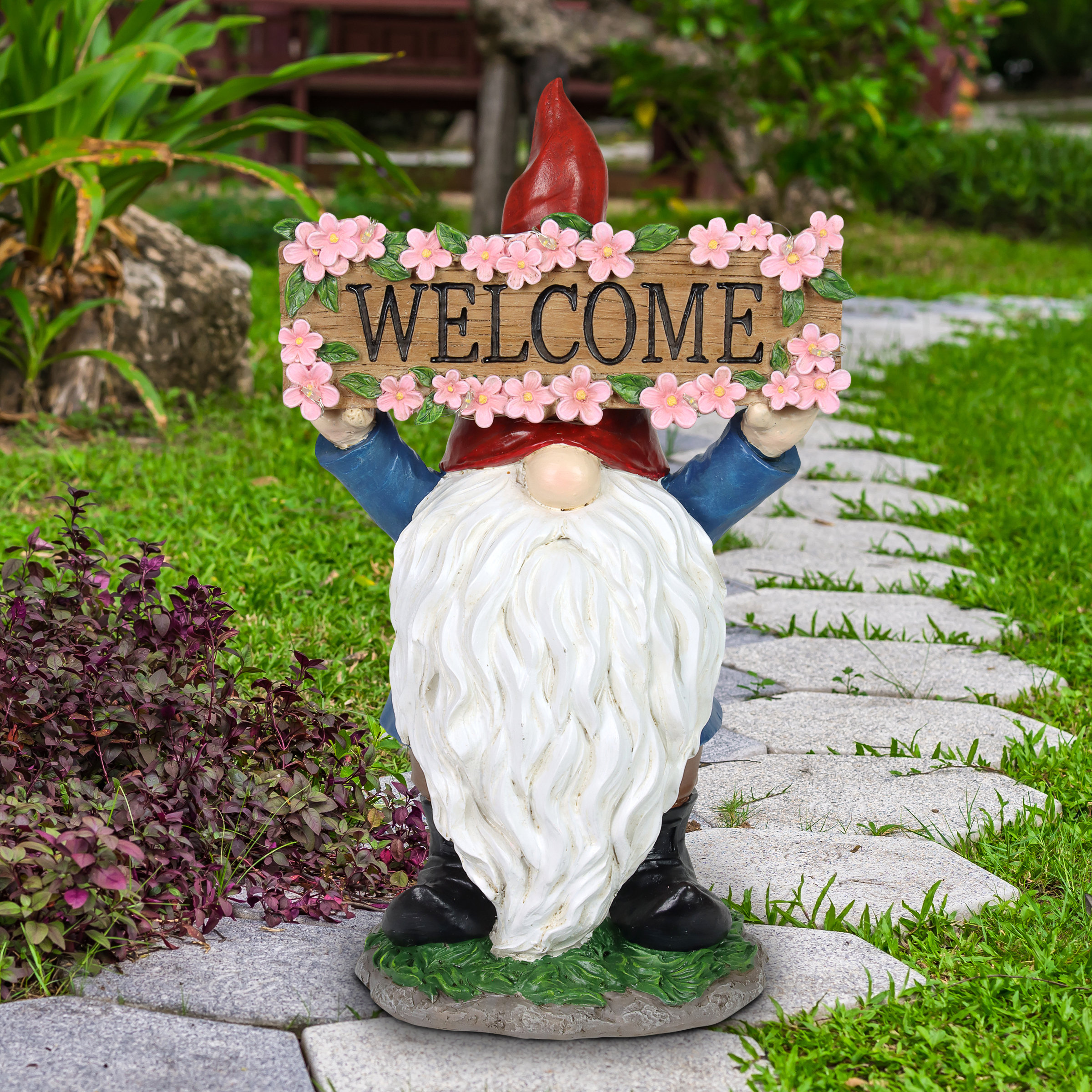 Exhart Solar Hand Painted Gnome with a Flowered Welcome Sign Garden ...