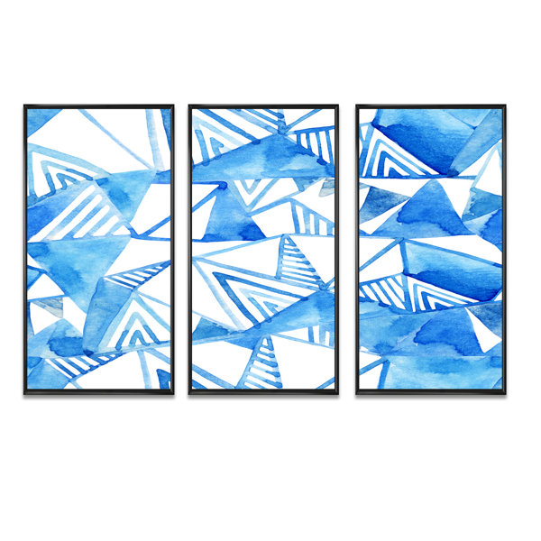 Wrought Studio Triangular Light Blue Geometrics On White II - 3 Piece ...