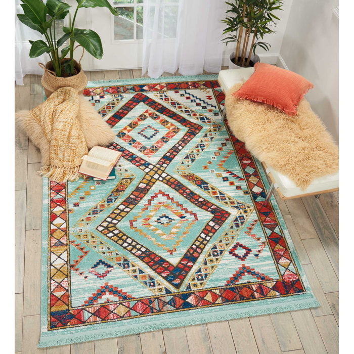 Union Rustic Pittsfield Performance Aqua/Red Rug & Reviews | Wayfair