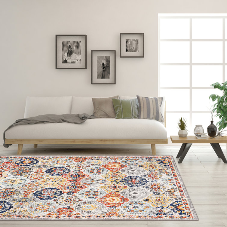 Bungalow Rose Drogo Performance Orange/Navy/Gray Rug | Wayfair