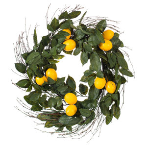 August Grove® 24" Artificial Green and Yellow Salal Leaf Lemon Wreath ...