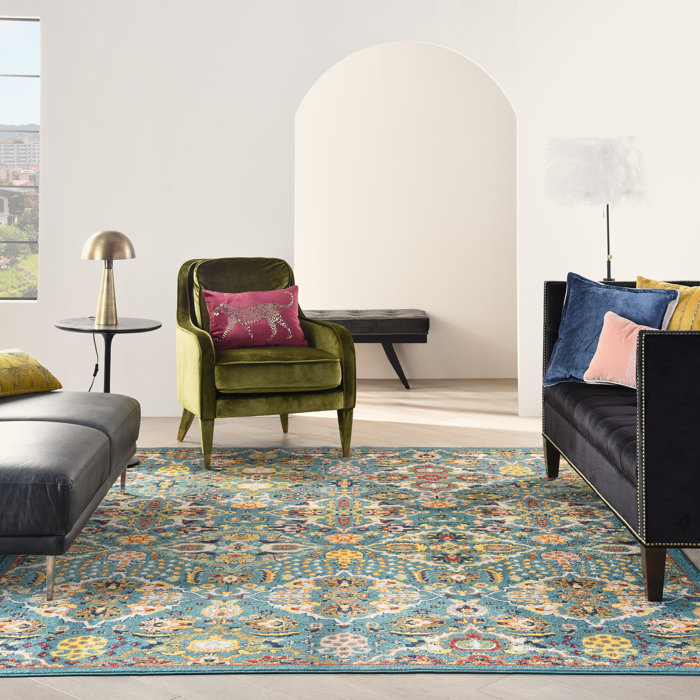 Bungalow Rose Welaka Performance Turquoise/Ivory/Yellow Rug & Reviews ...