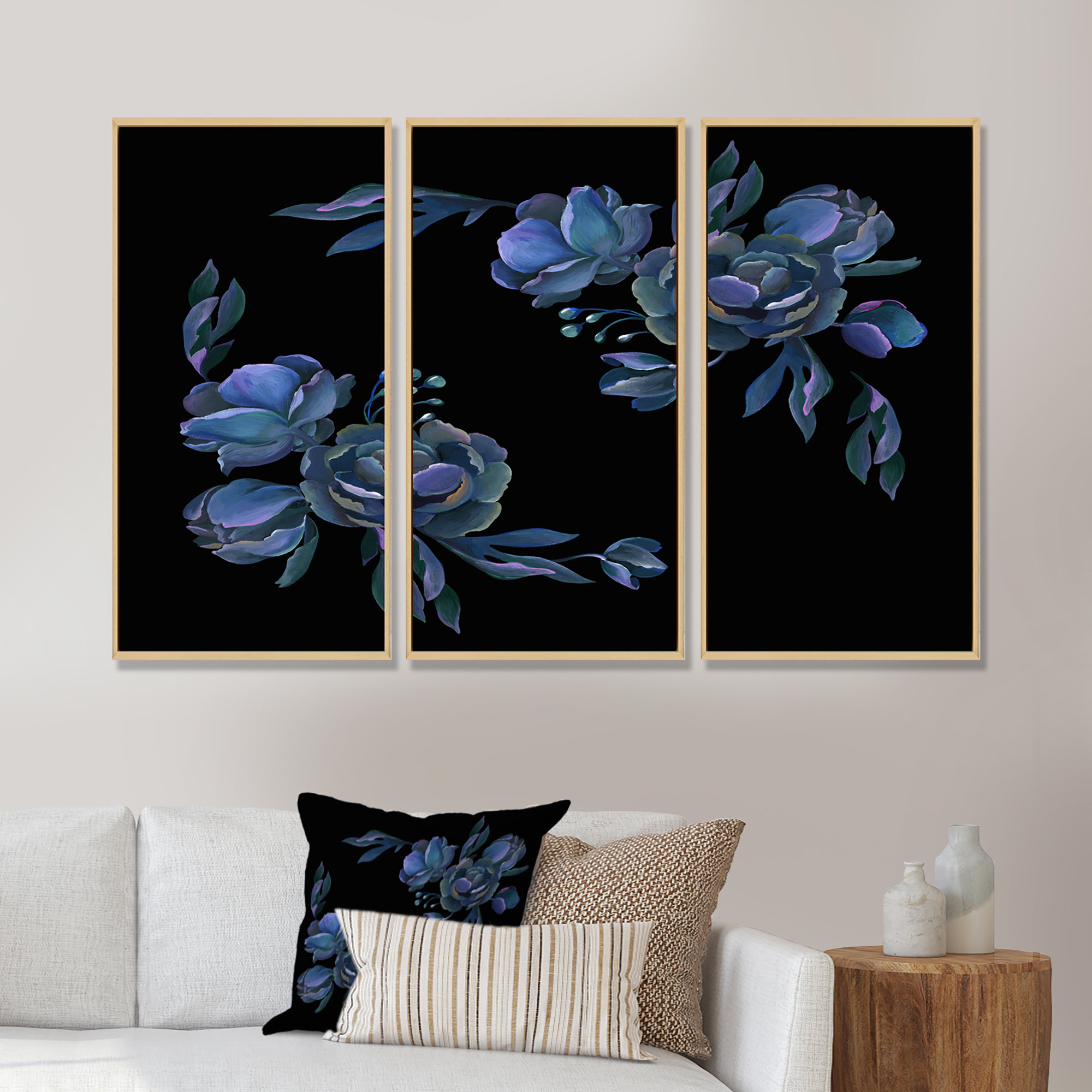Winston Porter Bouquet Of Gray And Blue Flowers, Leaves On Black - 3 ... Winston Porter Bouquet Of Gray And Blue Flowers, Leaves On Black - 3 ...