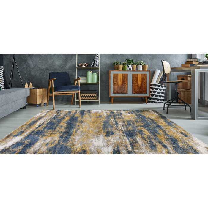 17 Stories Alban Performance Blue/Gold Rug & Reviews | Wayfair