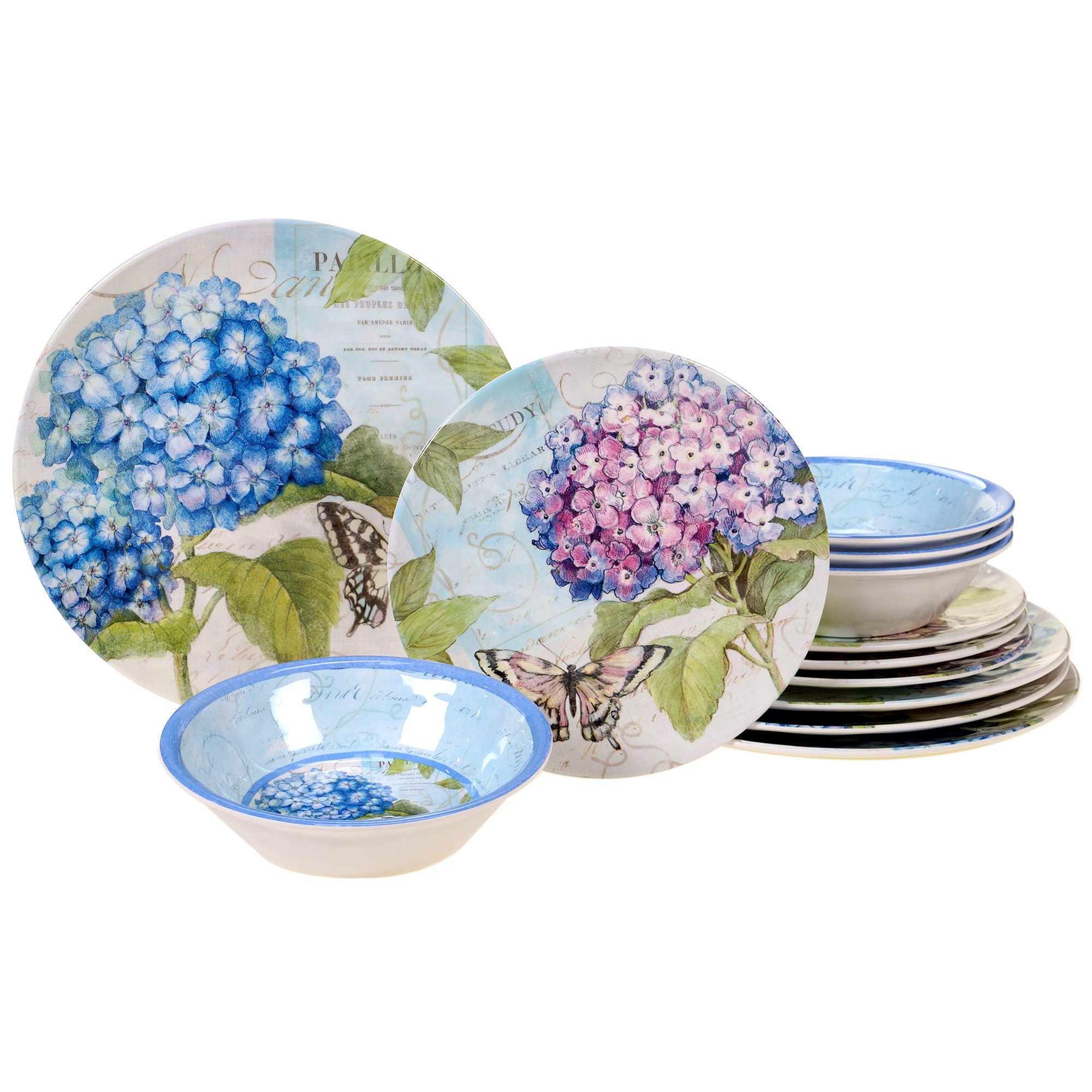 Certified International Hydrangea Garden 12 Piece Melamine Dinnerware ...