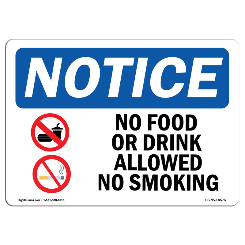 SignMission Osha Notice - No Food or Drink Allowed No Smoking Sign with ...