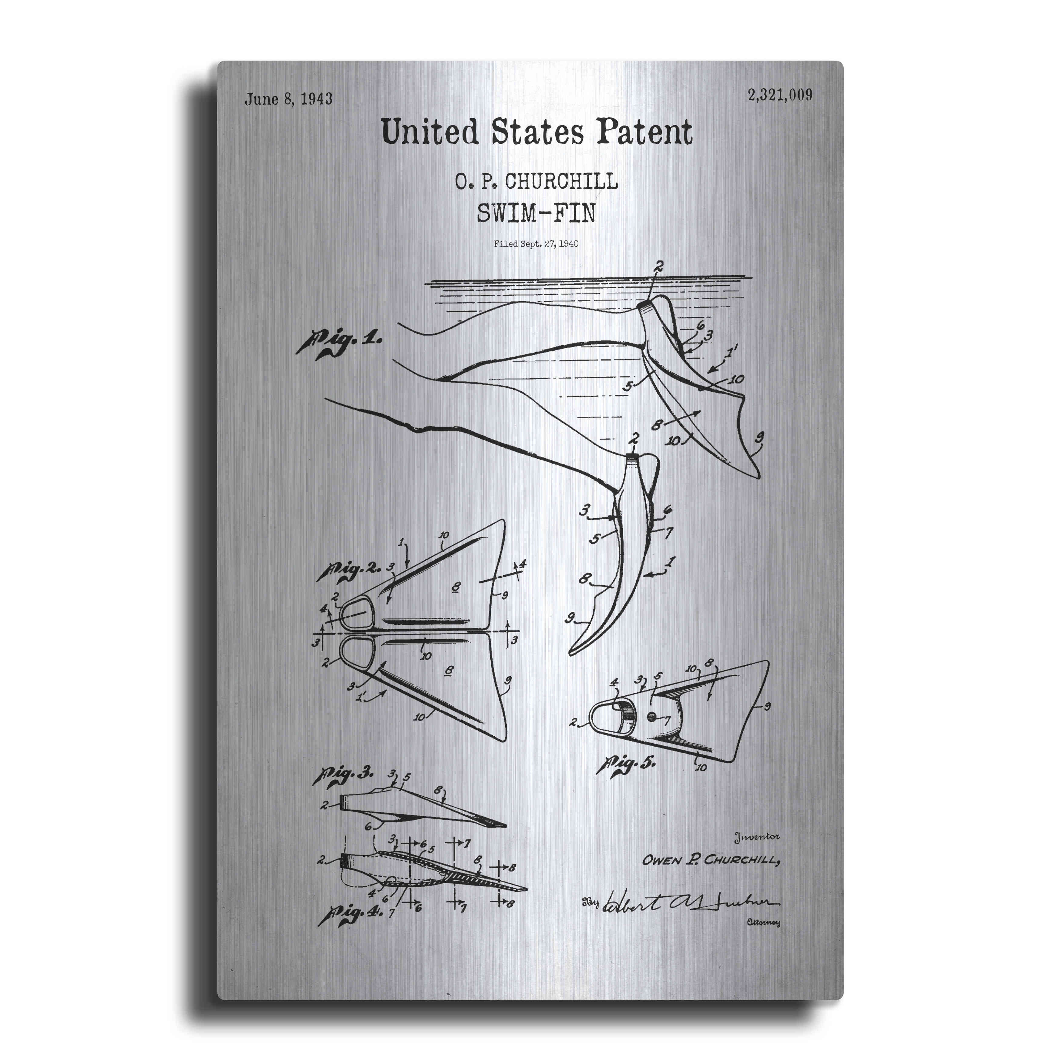 17 Stories Swim Fin Blueprint Patent White On Metal by Patents Print ...
