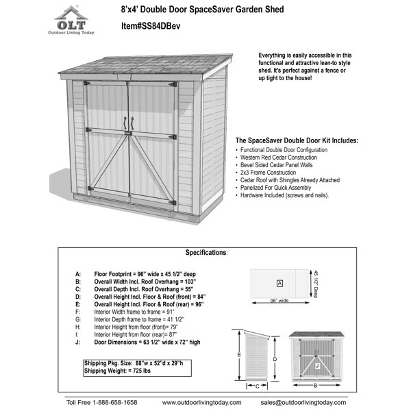 Outdoor Living Today 8 ft. W x 4 ft. D Double Door Cedar Wood Storage ...