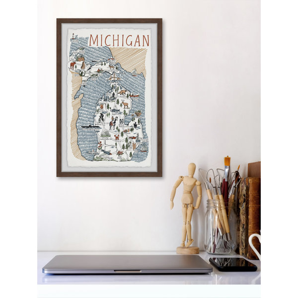 Trinx Michigan Illustrated Map Framed On Paper by Marmont Hill Print ...