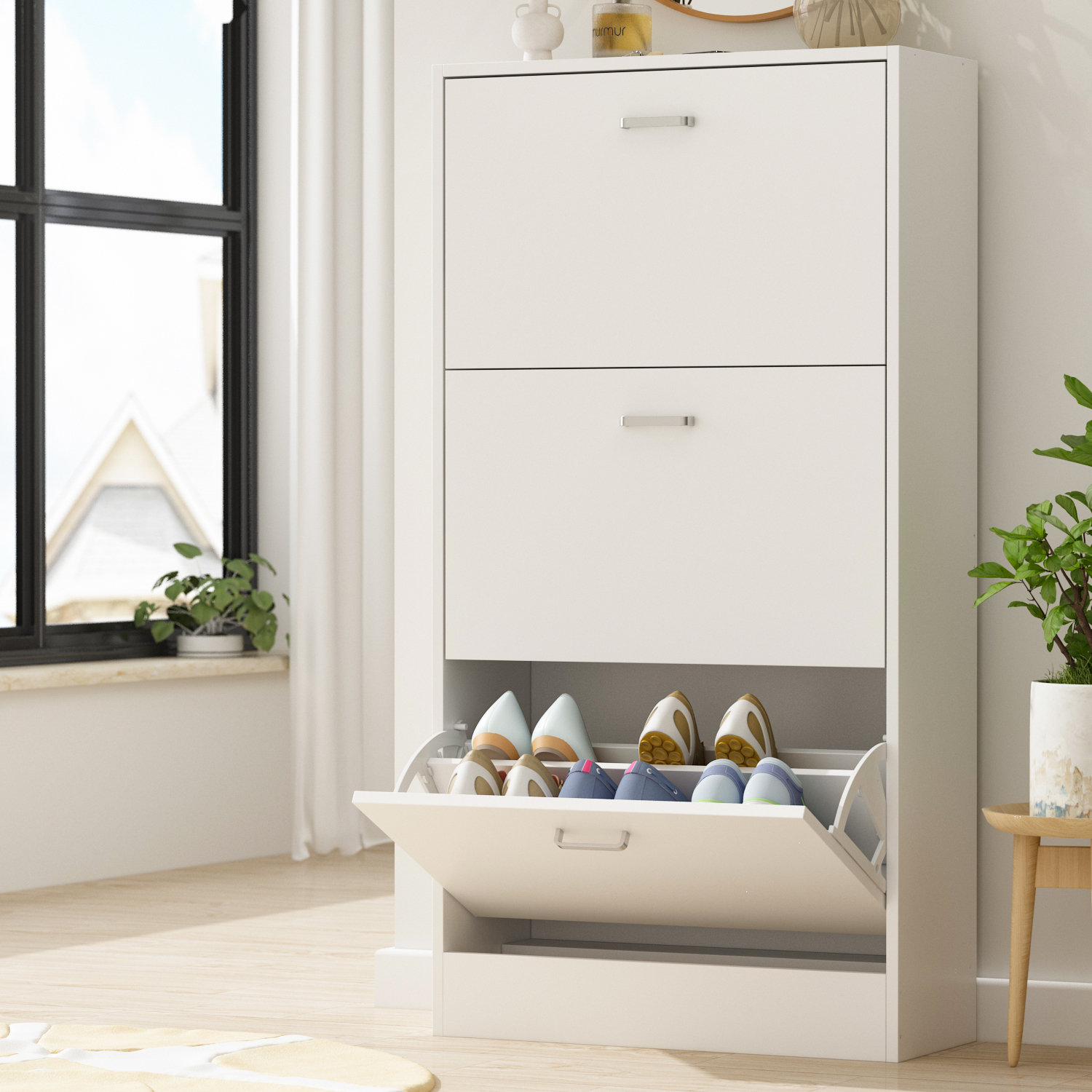 Latitude Run® 3 Sleek Pivot Drawers Shoe Cabinet With Metal Handle ...