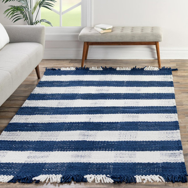 Gracie Oaks Maskeen Handmade Flatweave Recycled P.E.T. Navy Blue/Ivory ...