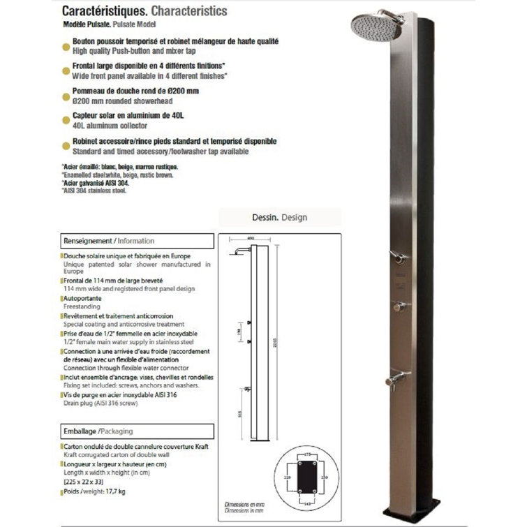 Dakota Fields Solar Pool Shower PULSATE Stainless Steel - 40L | Wayfair ...