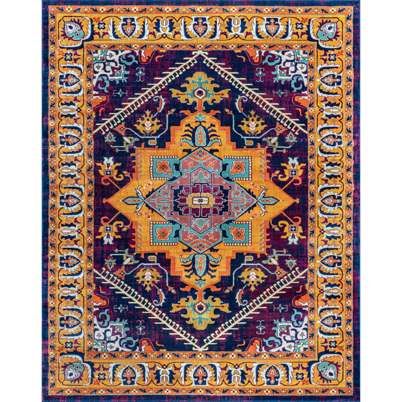 Bungalow Rose Depew Performance Gold/Navy Blue Rug & Reviews | Wayfair