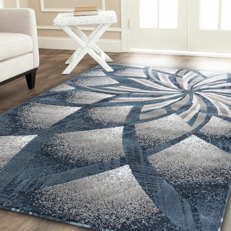 Ebern Designs Kimbrel Power Loom Performance Blue/Gray/Ivory Rug ...