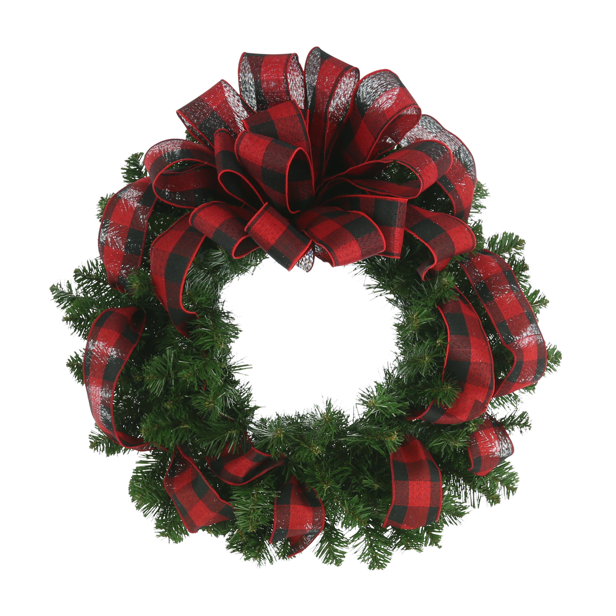 Primrue Evergreen Wreath with Red and Black Plaid Ribbon | Wayfair