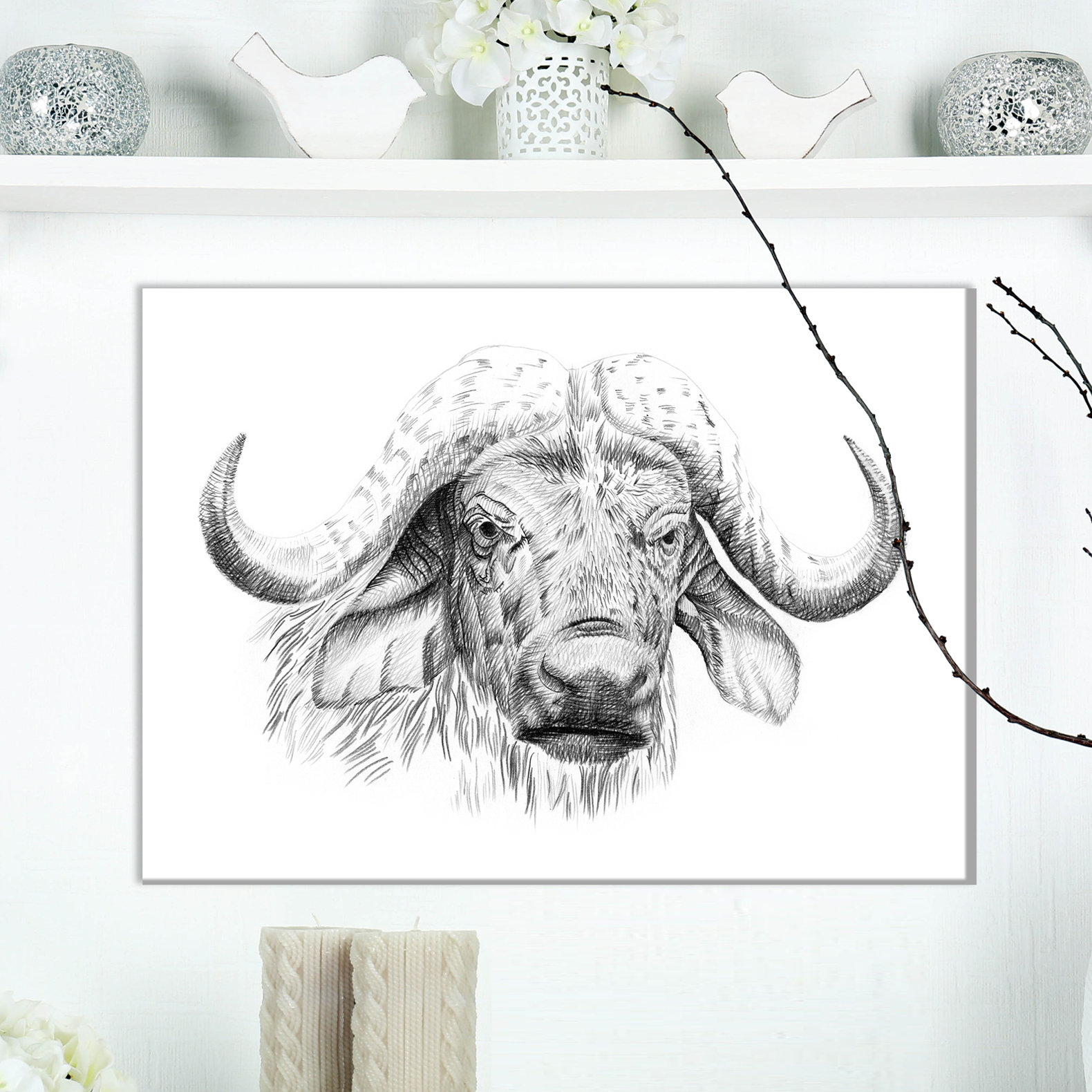 East Urban Home Bufallo In Black And White - Drawing Print | Wayfair