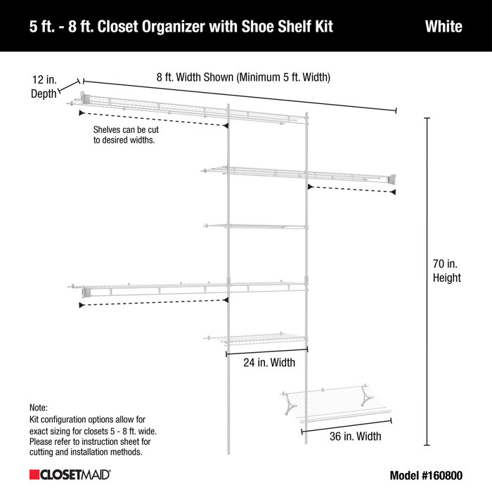 ClosetMaid 60" W - 96" W Wire Closet Organizer Kit with Shoe Shelf ...