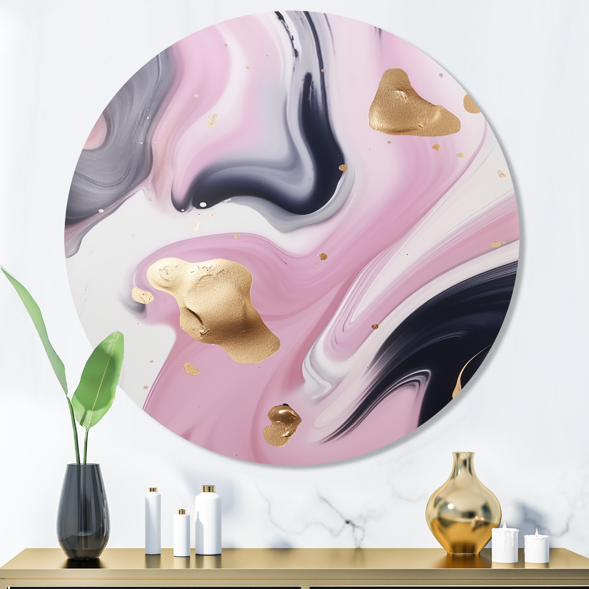 Mercer41 Edwing Gold And Pink Swirl Ink V On Metal Print | Wayfair