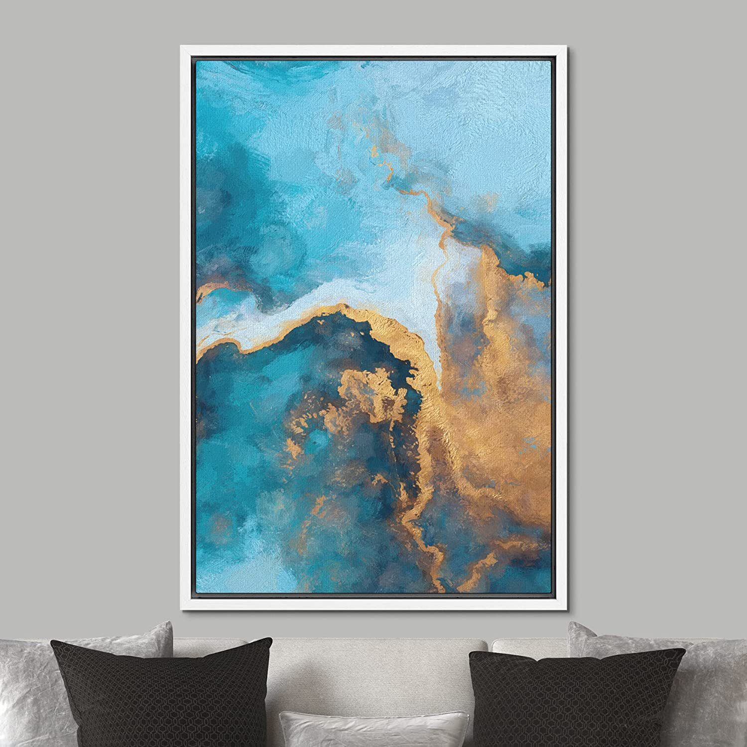 IDEA4WALL Blue & Gold Watercolor Paint Stroke Smoke Collage Abstract ...