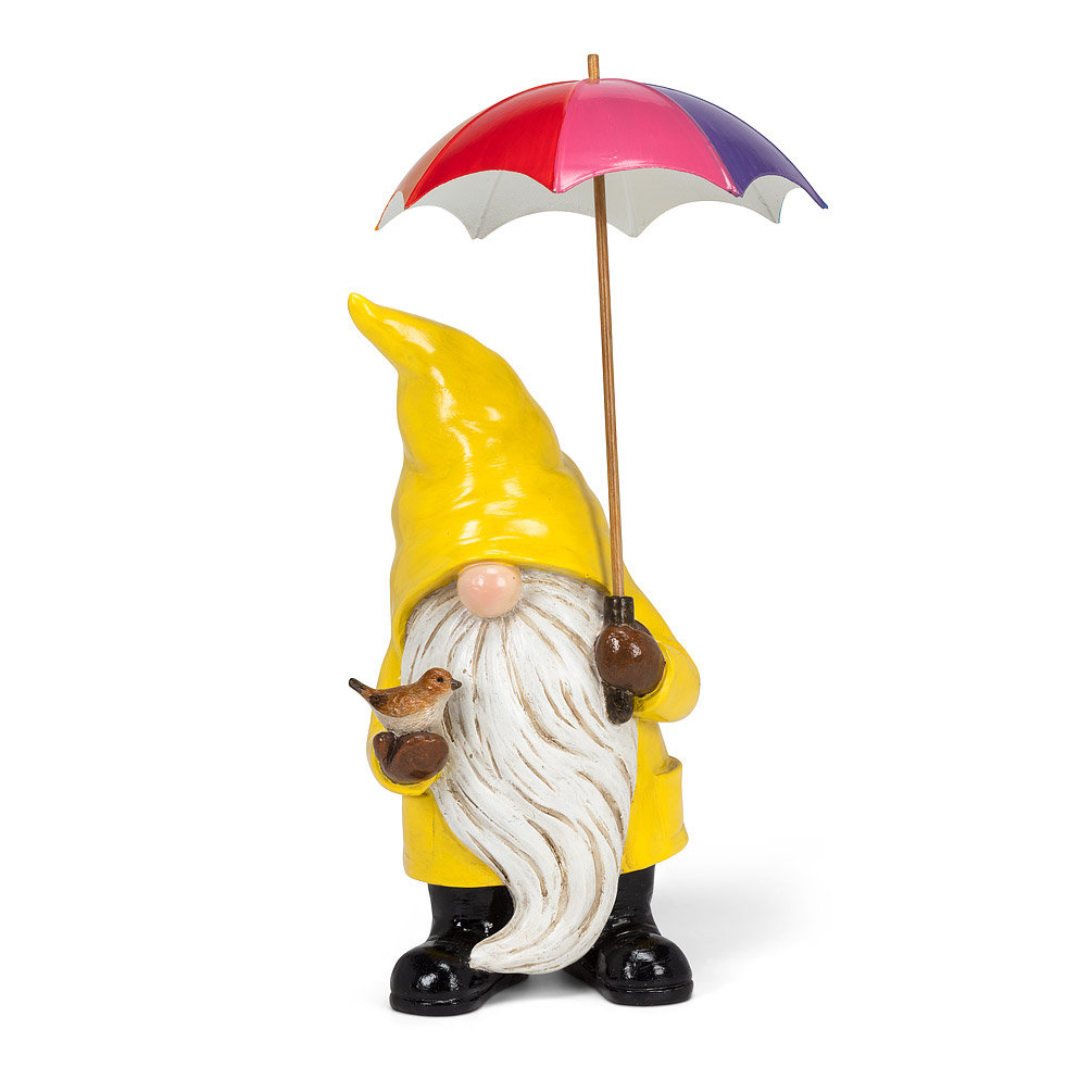 Trinx Ericia Gnome with Umbrella & Bird Garden Statue | Wayfair