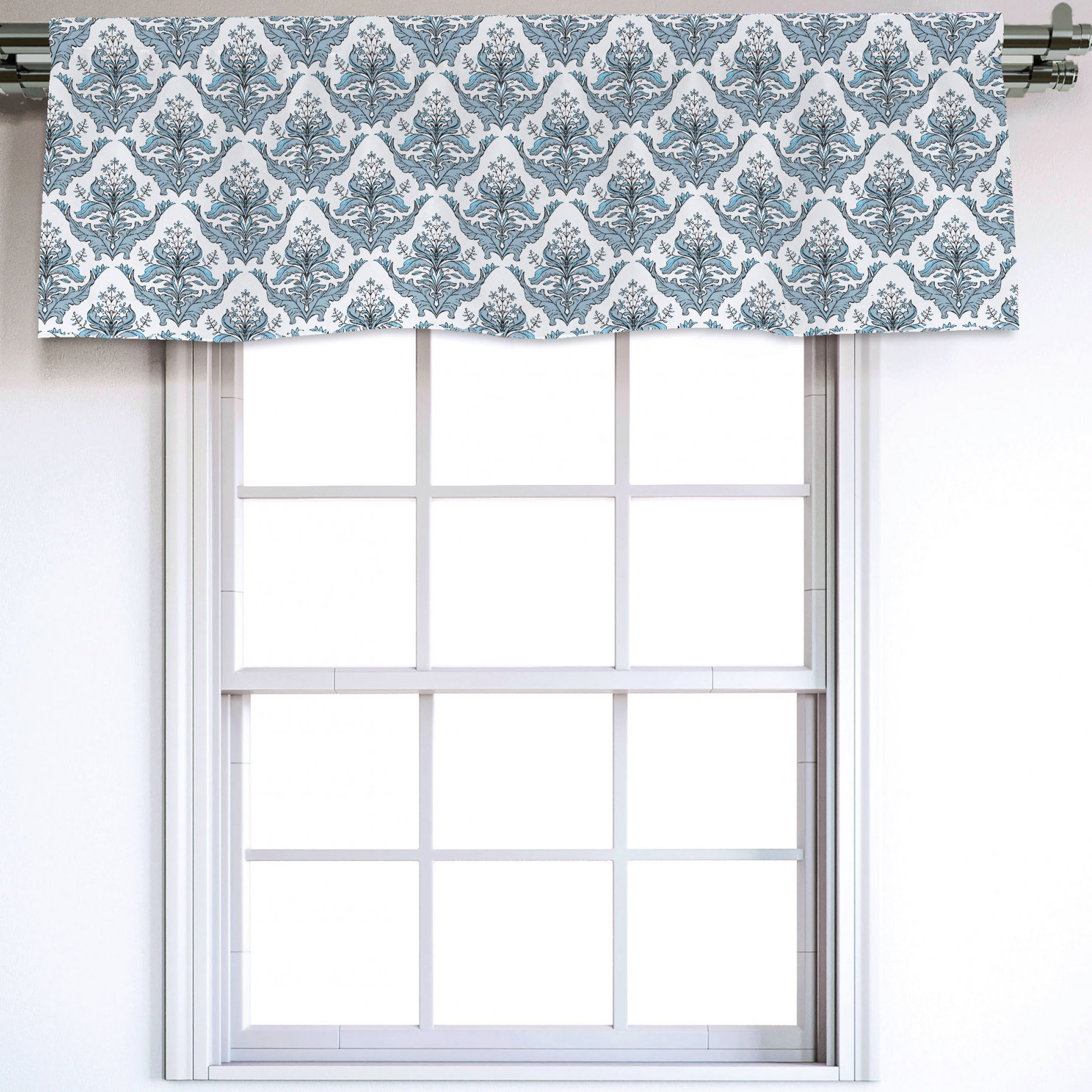East Urban Home Damask Sateen Ruffled 54'' Window Valance in Gray/Blue ...