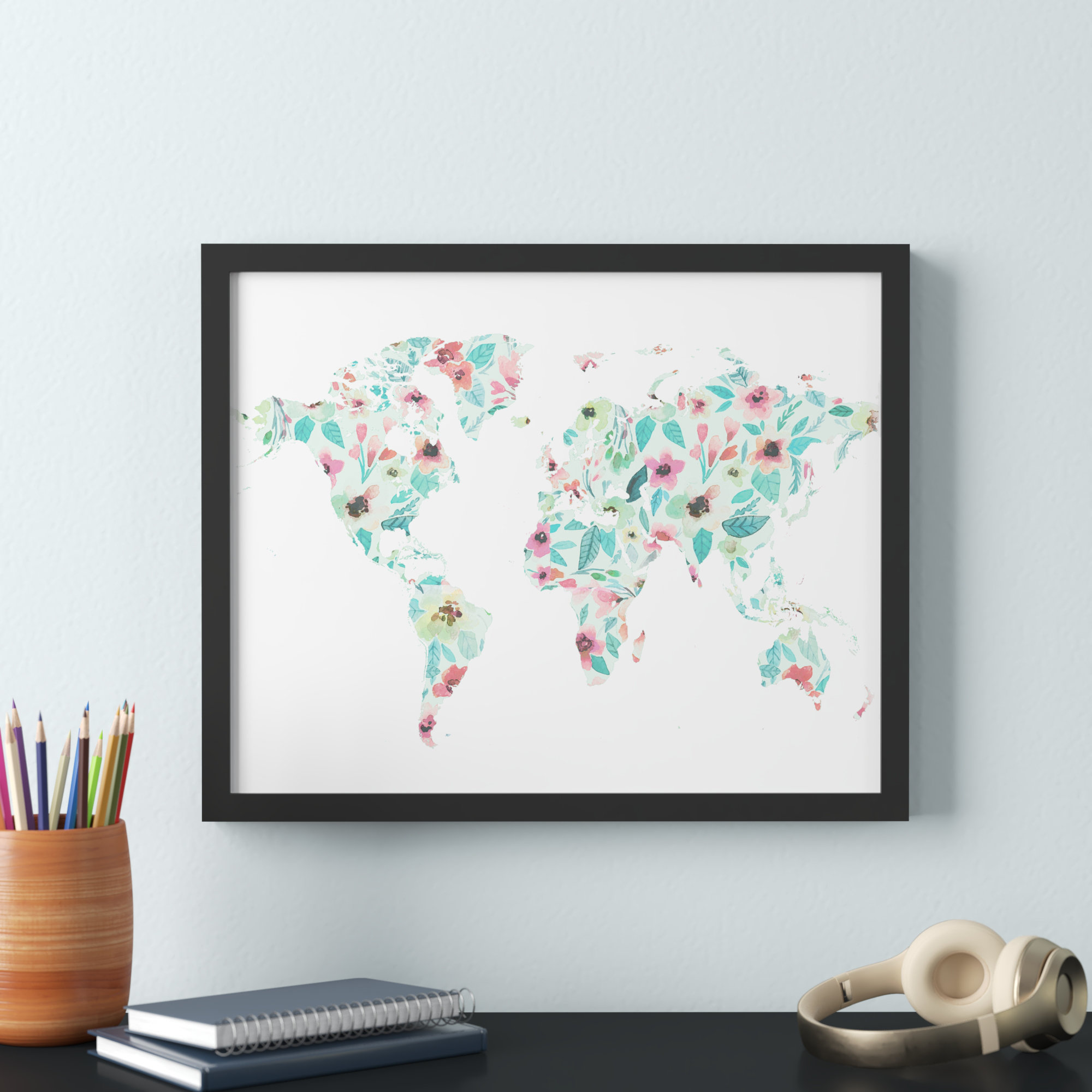 Three Posts™ Teen Floral World Map - Picture Frame Print on Canvas ...