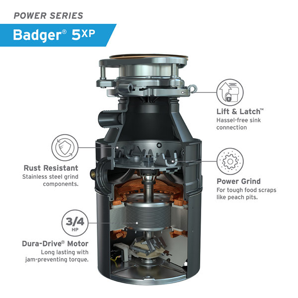 InSinkErator Badger 5XP 3/4 HP Continuous Feed Garbage Disposal ...