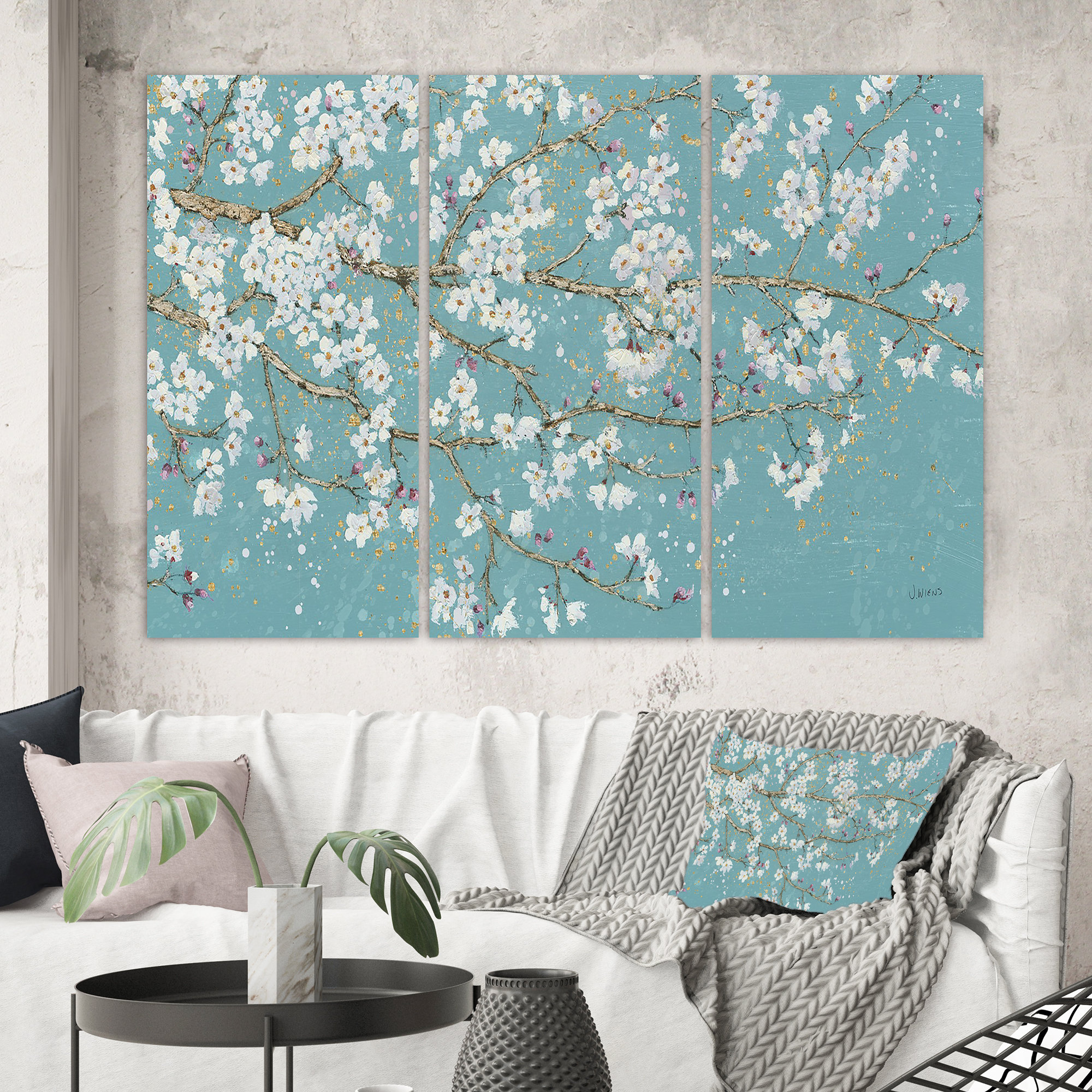 East Urban Home Blue April Tree - 3 Piece Wrapped Canvas Painting ...