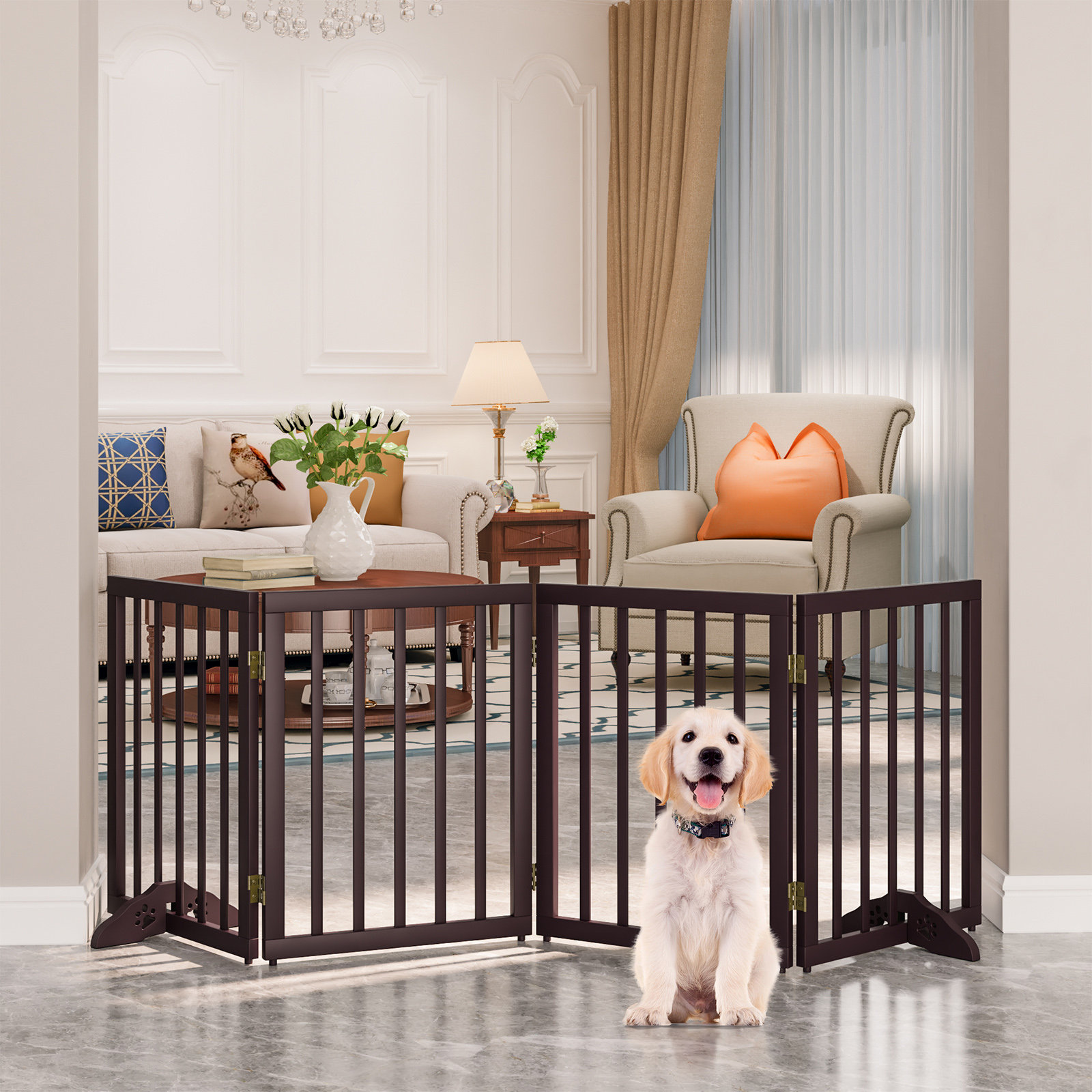 Tucker Murphy Pet™ Dalmira 4 Panel Solid Wood Freestanding Pet Gate Included pair of Support ...