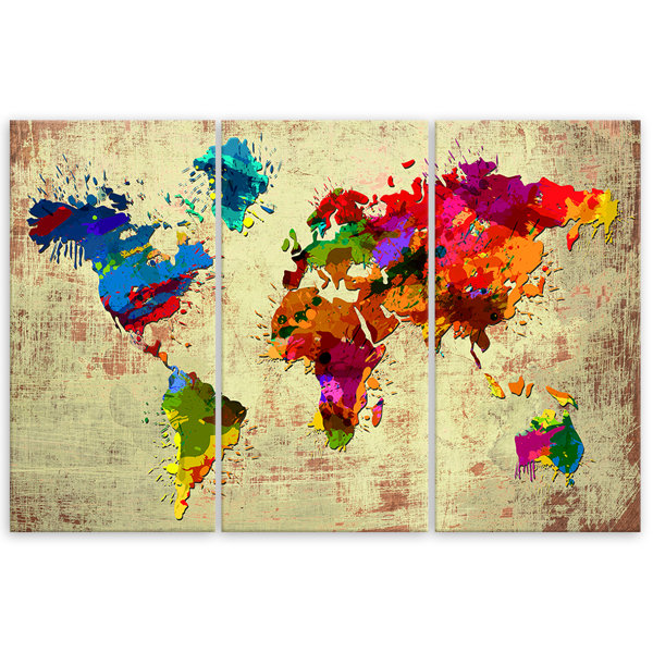 Williston Forge Coloured World Map - 3 Piece Wrapped Canvas Graphic Art ...