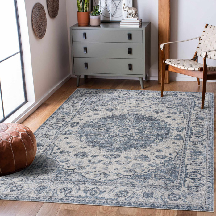 Bungalow Rose Oveda Performance Blue Machine Washable Rug & Reviews ...