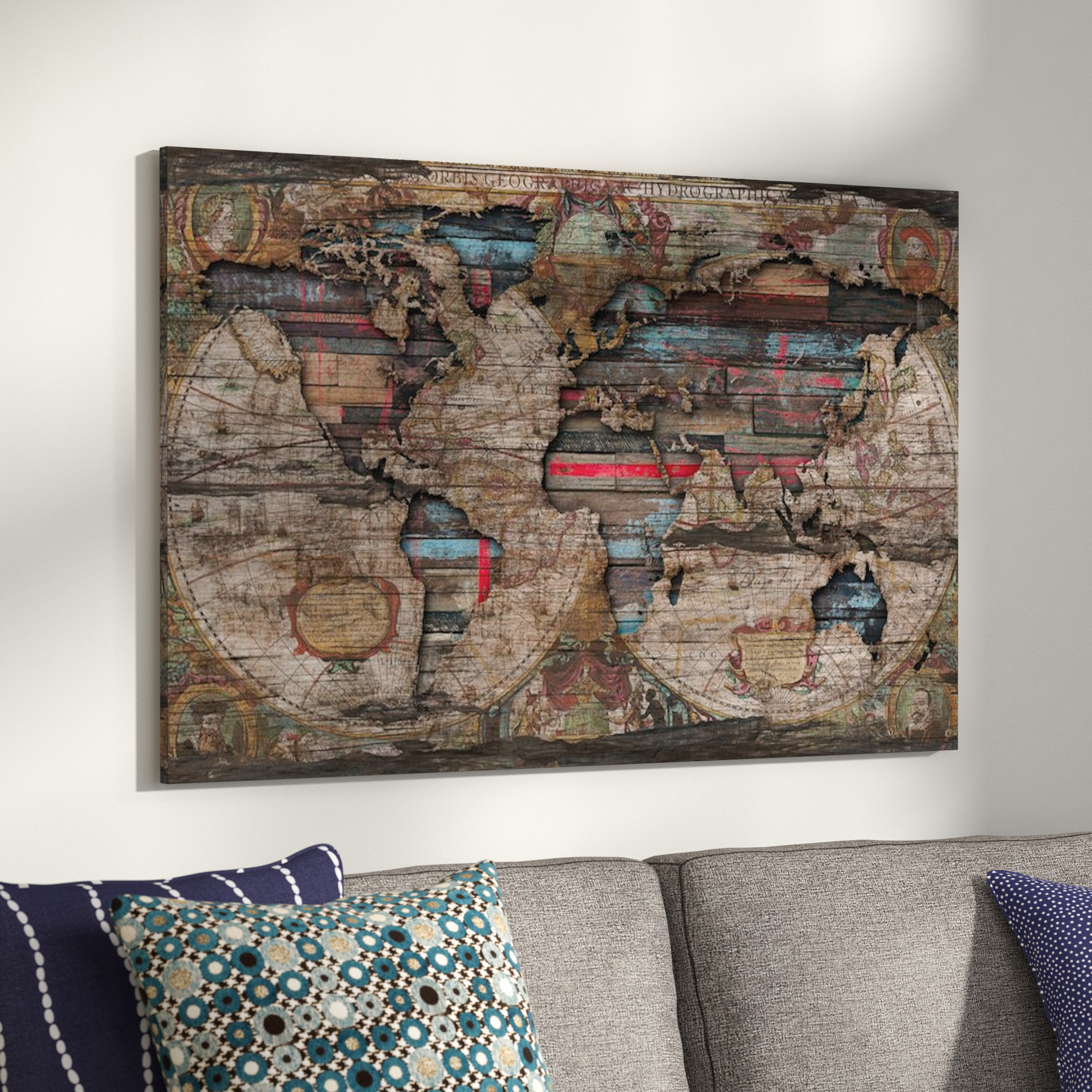 East Urban Home Distressed World Map by Diego Tirigall - Wrapped Canvas ...