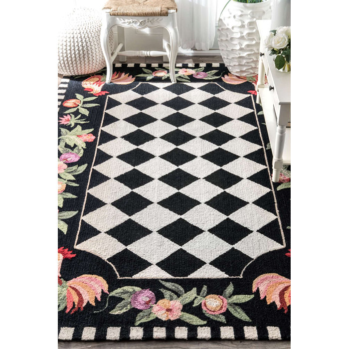 August Grove® Bacourt Handmade Hand Hooked Performance Black Rug ...