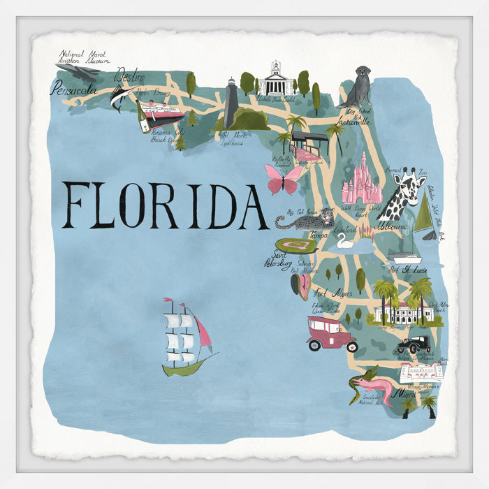 Trinx Illustrated Map Of Florida by Marmont Hill - Picture Frame Print ...