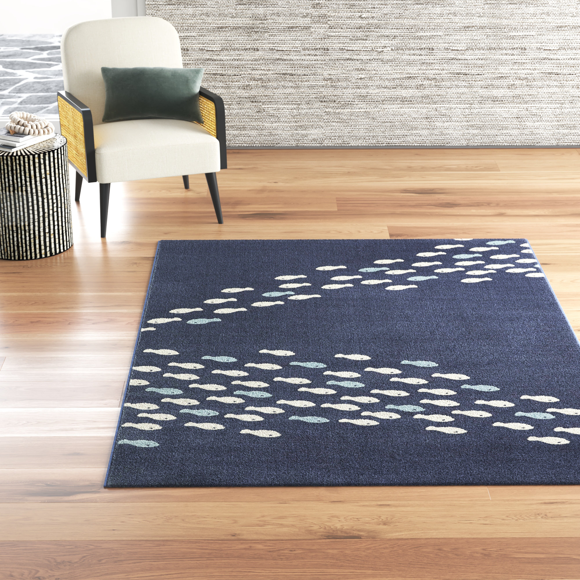 Beachcrest Home Crowborough Machine woven Navy/Blue/Cream Area Rug ...