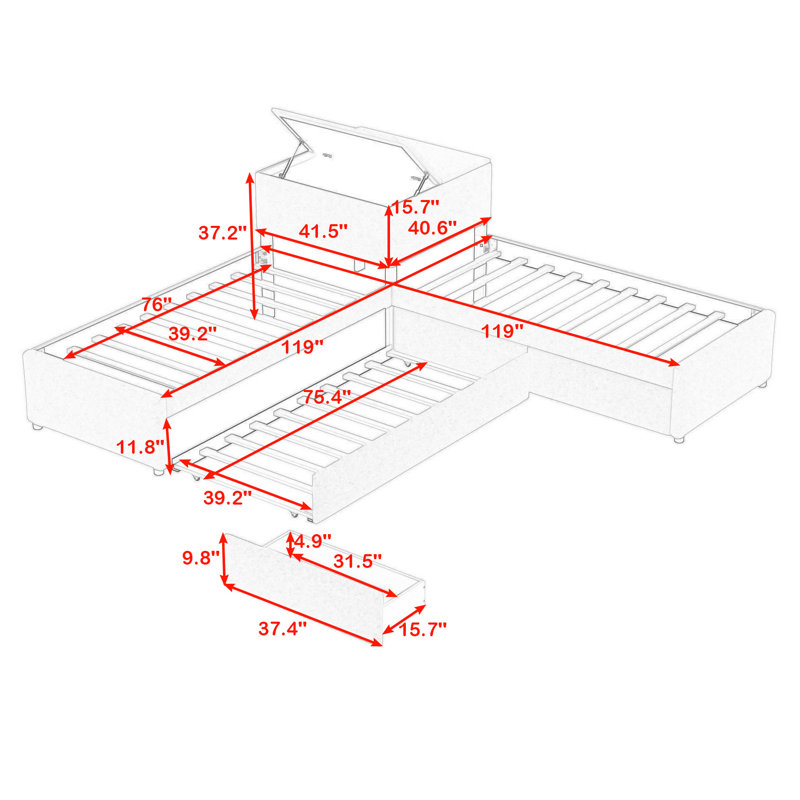 Latitude Run® Twin Size 2 Drawers Upholstered L-shaped Platform Beds ...