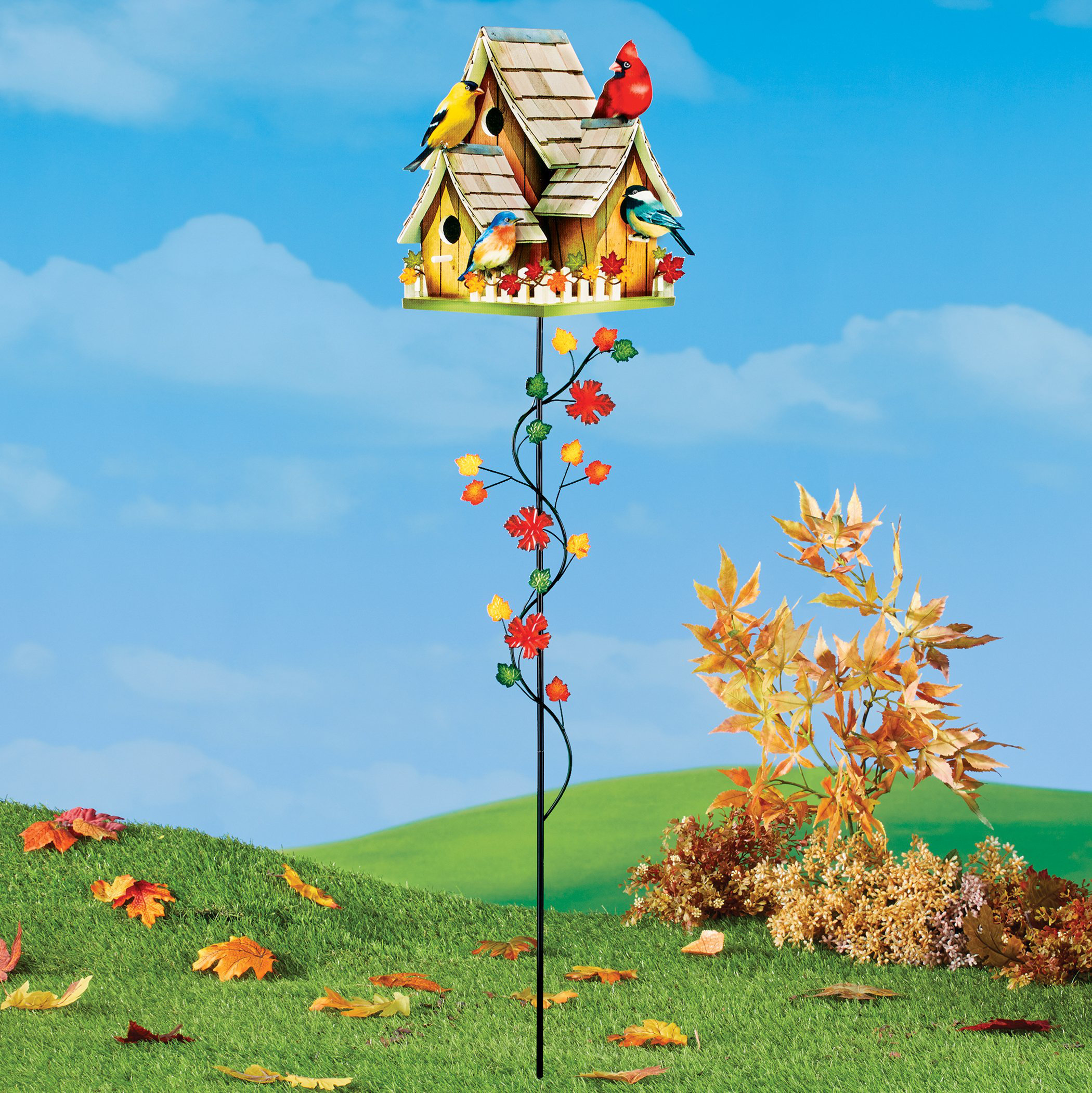Arlmont & Co. Shoop Enchanting 3-Perch Fall Birdhouse Garden Stake ...