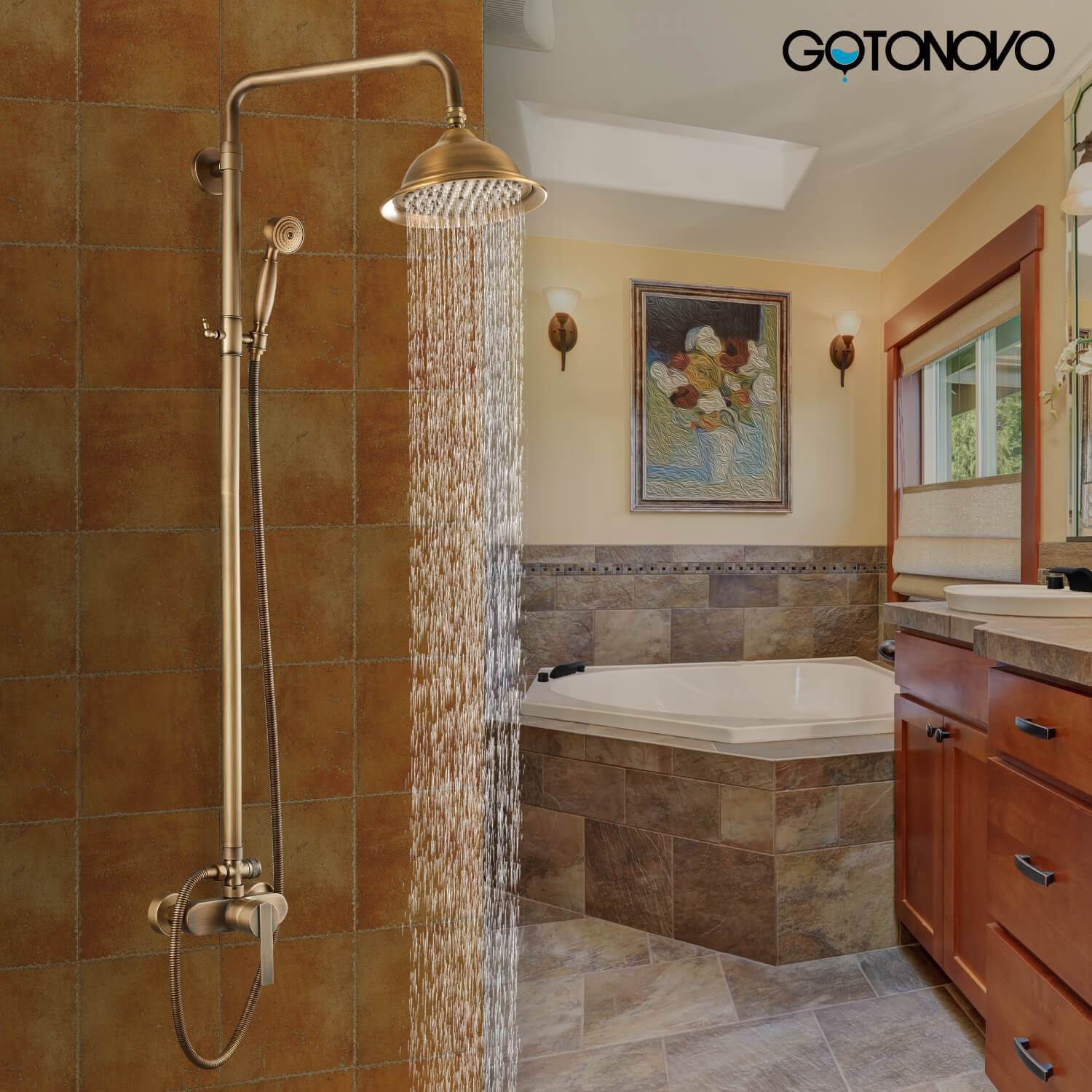 Gotonovo Antique Brass Exposed Shower System 8 Inch Overhead Rainfall
