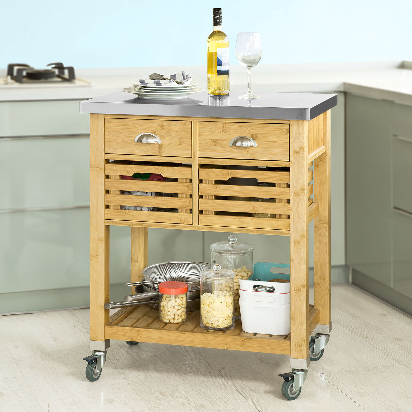 Brambly Cottage Kelloch 73Cm Solid Wood Kitchen Trolley with Stainless ...